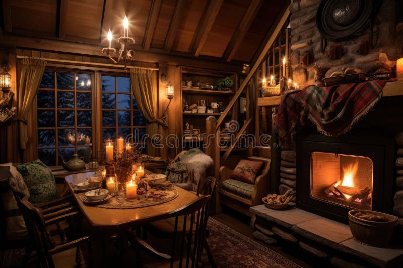 Interior of a Rustic House in the Mountains at Night. a Heartwarming ...