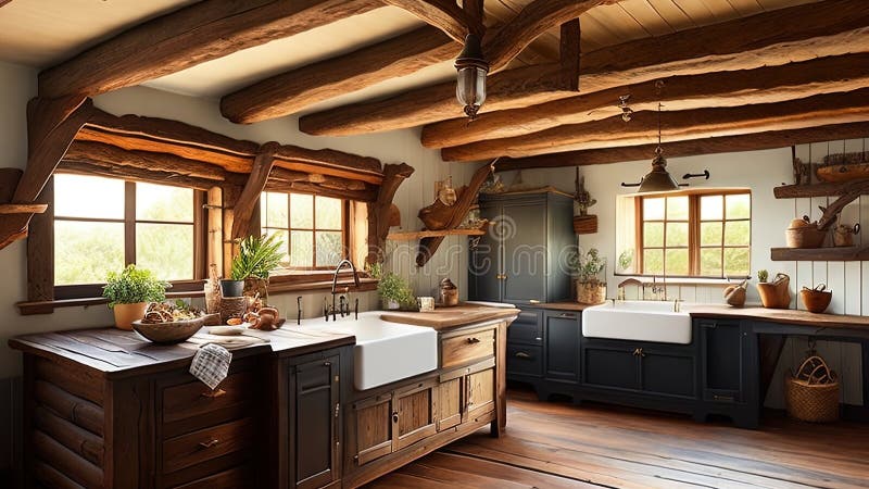 Interior of a Rustic Kitchen in the Attic. 3d Render Stock Illustration ...