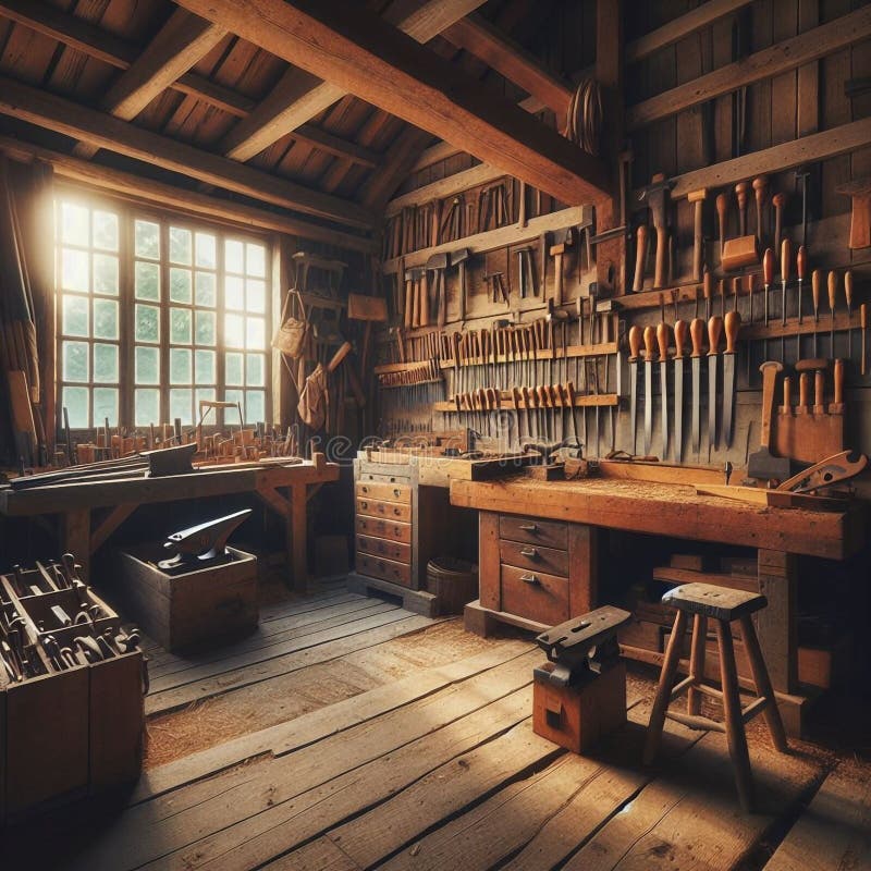 The Interior of a Rustic Woodworking Shop, Filled with Various Tools ...