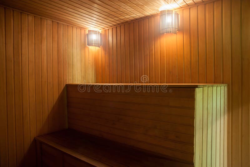 The Interior of the Sauna. Dim Warm Lighting Stock Photo - Image of ...