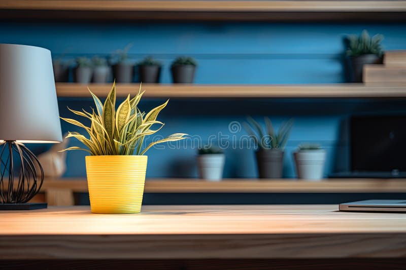 Interior Scene and Mockup. Wooden Table and Blue Wall, Green Plant on ...