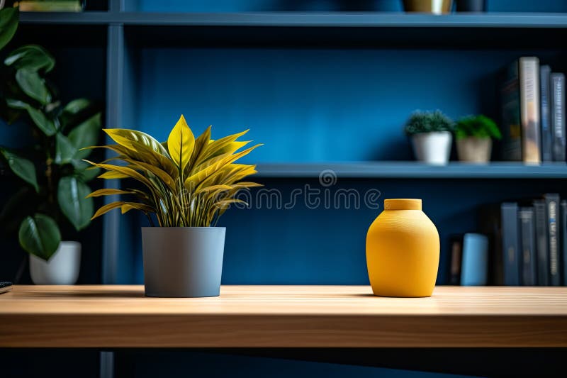 Interior Scene and Mockup. Wooden Table and Blue Wall, Green Plant on ...