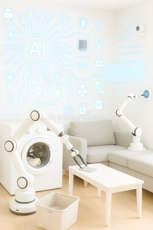 Smart Home Automation with AI and Robotic Assistance Stock Illustration - Illustration of ...