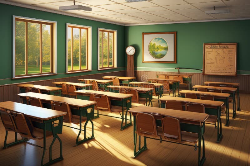 Classroom Interior with Green Walls and Wooden Floor Stock Illustration ...