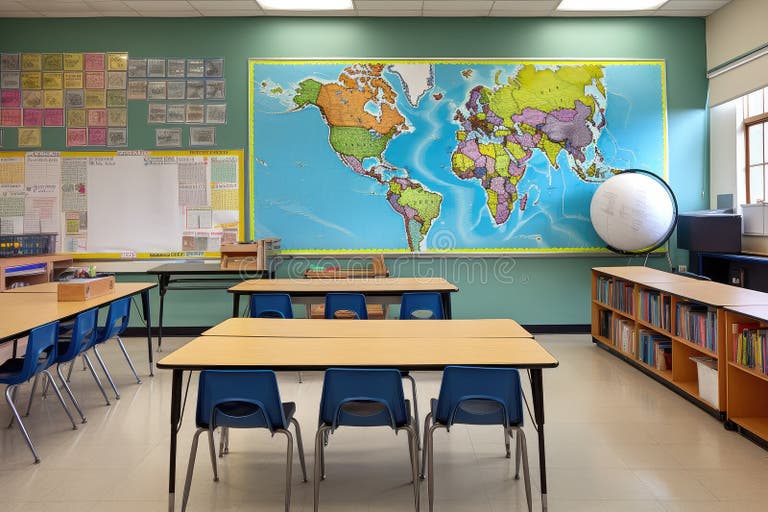 Interior of a School Classroom with a Map on the Wall, Retro Classroom ...