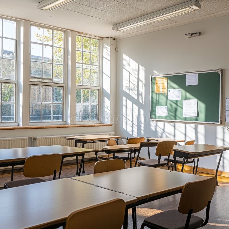 Interior of a School Classroom with Tables and Chairs. 3d Rendering ...