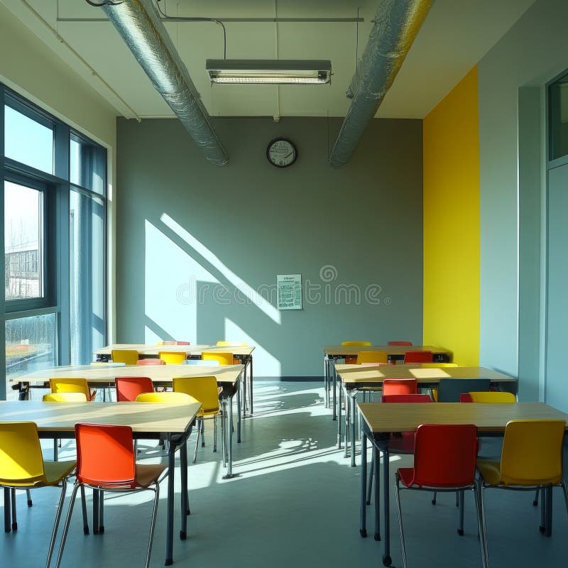 Interior of a School Classroom with Tables and Chairs, 3D Rendering ...