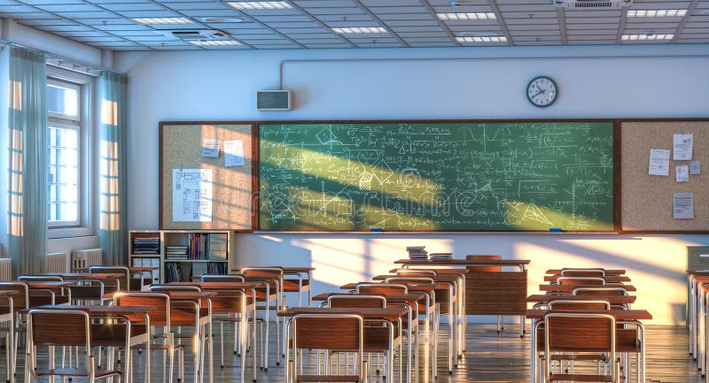 Interior of a School Classroom with Wooden Desks and Chairs Stock ...