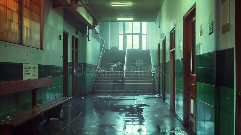 Interior of School Corridor with Stairs and Doors, Tinted Stock Illustration - Illustration of ...
