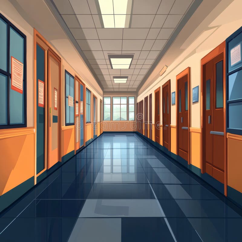 Interior of a School Corridor with Wooden Doors and Windows. Vector Illustration Stock ...