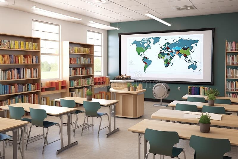 Interior of a School Library with a Map on the Wall, 3d Rendering ...