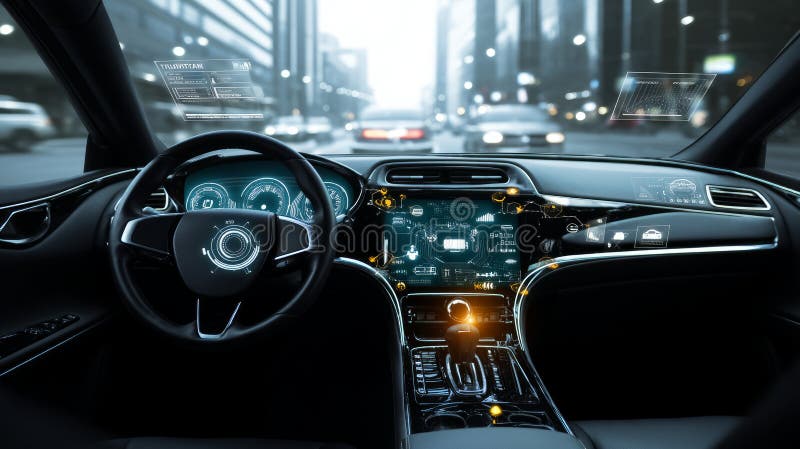 Interior of a Self-driving Car Dashboard with Digital HUD and AI ...