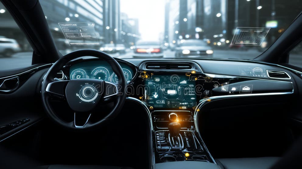 Interior of a Self-driving Car Dashboard with Digital HUD and AI ...