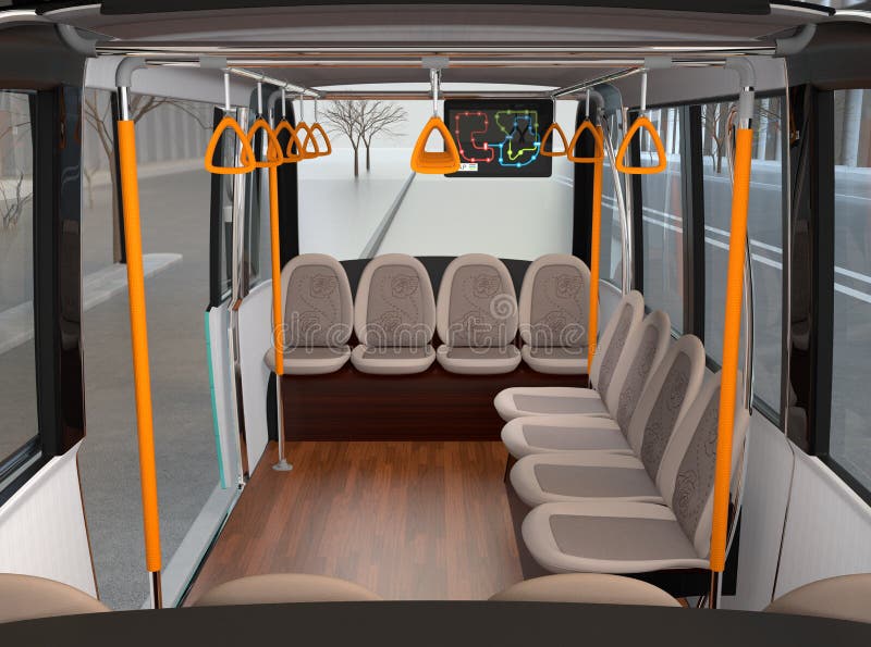 Interior of Self-driving Shuttle Bus Waiting at Bus Station Stock ...