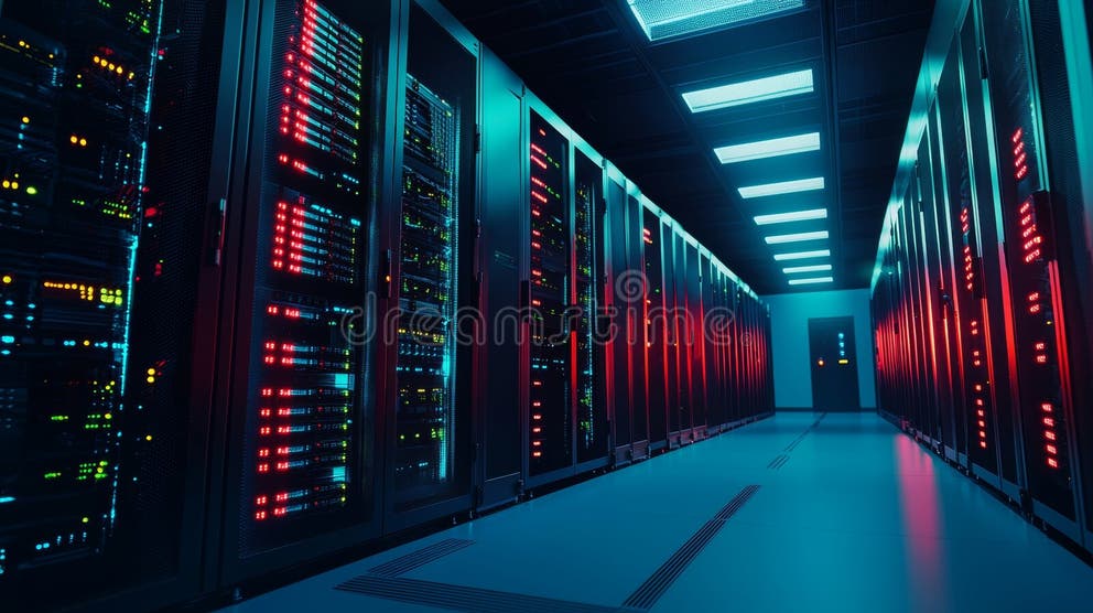 An Interior of a Server Room in a Datacenter in Blue Light Shows Modern ...