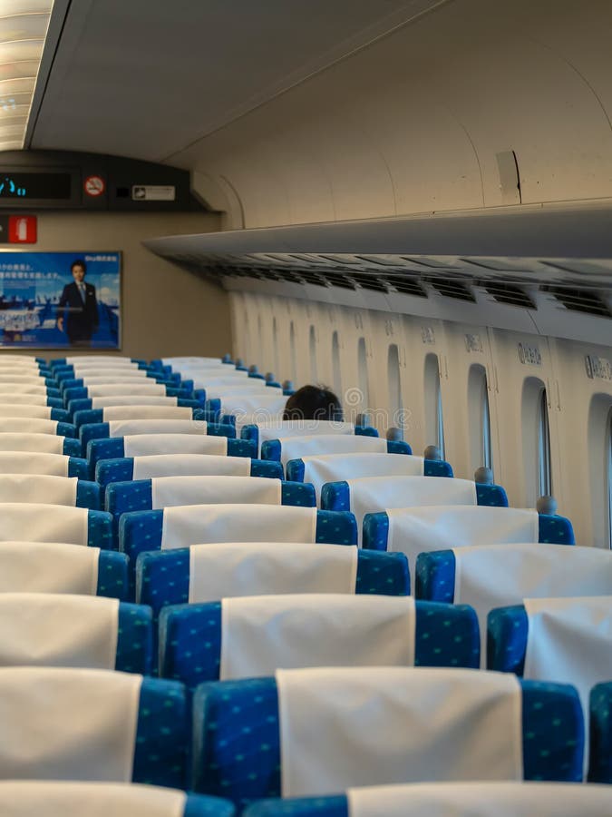 Interior of Shinkansen Bullet Train Cabin with Comfortable Blue Seat ...