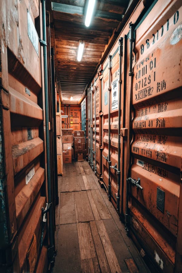 Interior of Shipping Containers with Boxes Stacked in Narrow Aisle ...