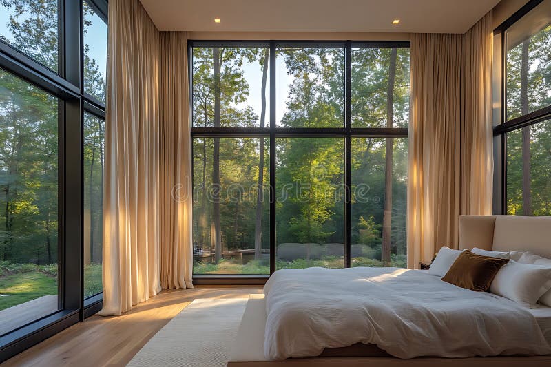 Bedroom with a Large Picture Window Offering Nature Views of a Forest ...