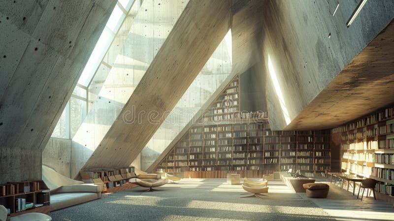 An Interior Shot of a Brutalist Library, Focusing on the Bold Use of ...