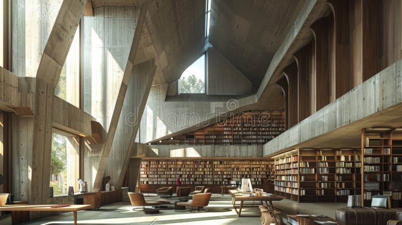 An Interior Shot of a Brutalist Library, Focusing on the Bold Use of ...