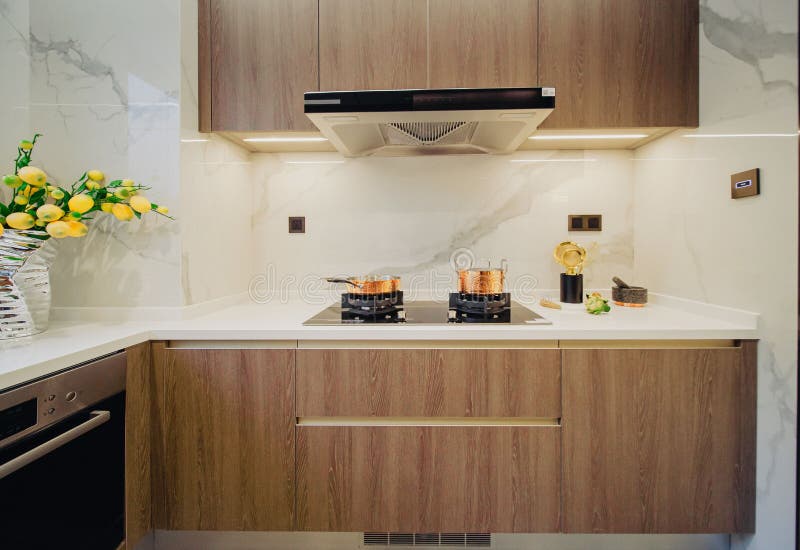 Interior Shot of a Modern Kitchen with Marble Walls Stock Image - Image ...