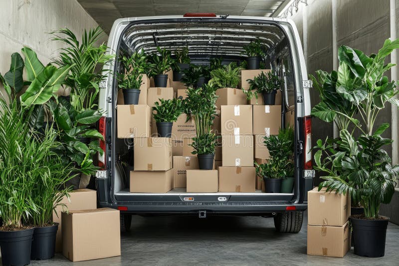 An Interior Shot of a Moving Truck with Cardboard Boxes and a Plant on ...