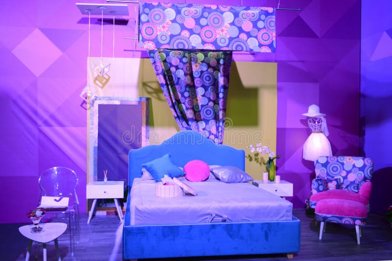 Interior Show, Bedroom Modern Design in Ultra Violet Colors Stock Image ...