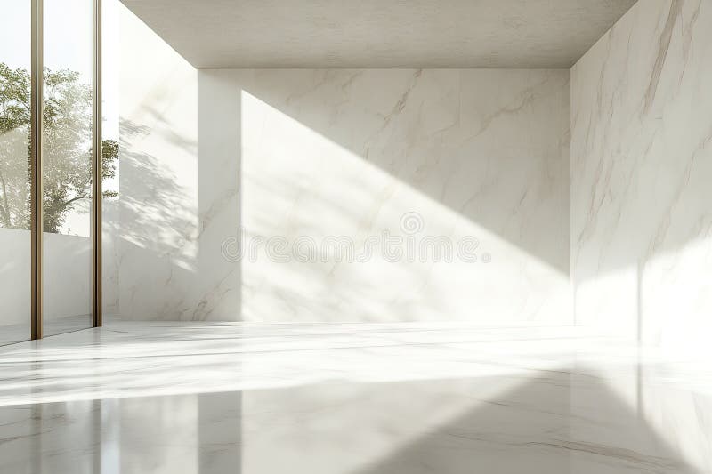 Bright Empty Marble Room Interior with Large Windows and Sunlight ...