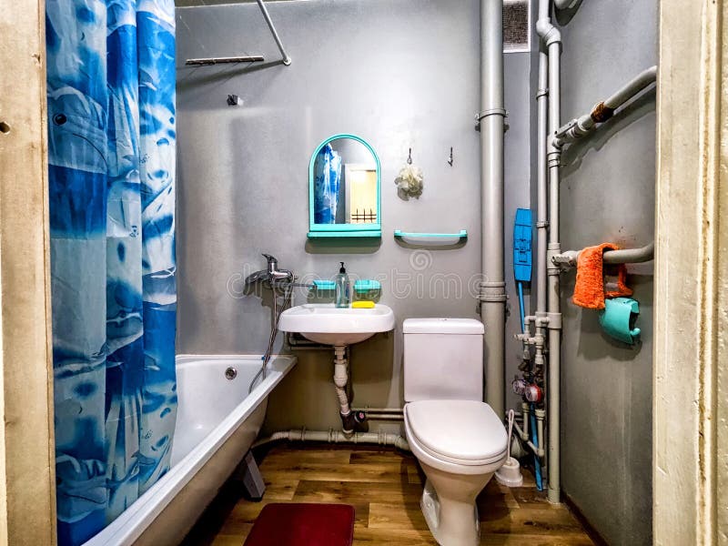 A Bathroom with a Modest, Poor Interior. Housing in the USSR. Bathroom ...