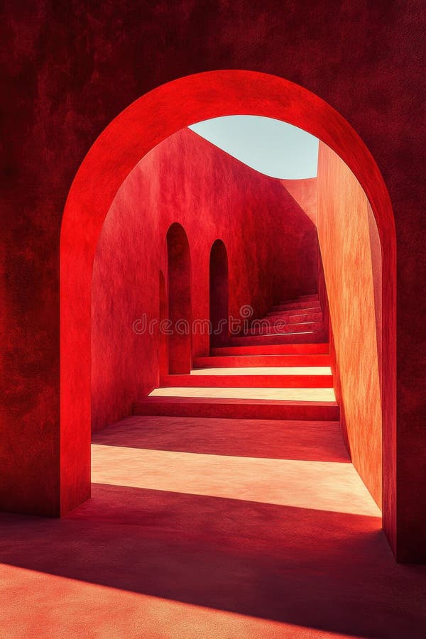 Abstract Red Architecture Arches and Stairway, Light Play on Textured ...