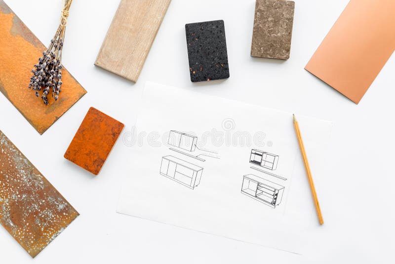 Interior Sketch and Blueprints with Material Color Samples, Top View ...