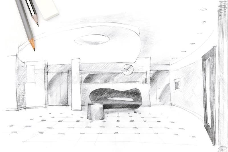 Interior Sketch of a Hall with Drawing Tools Stock Image - Image of ...