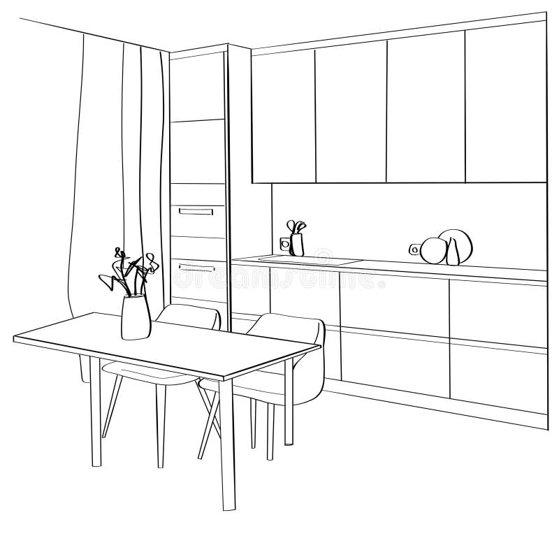 Kitchen Interior Drawing, Vector Illustration. Dinner Table Sketch ...