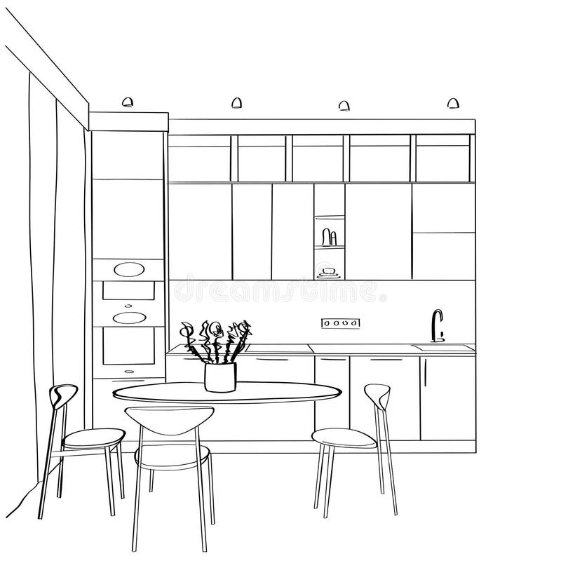 Kitchen Interior Drawing, Vector Illustration. Dinner Table Sketch ...