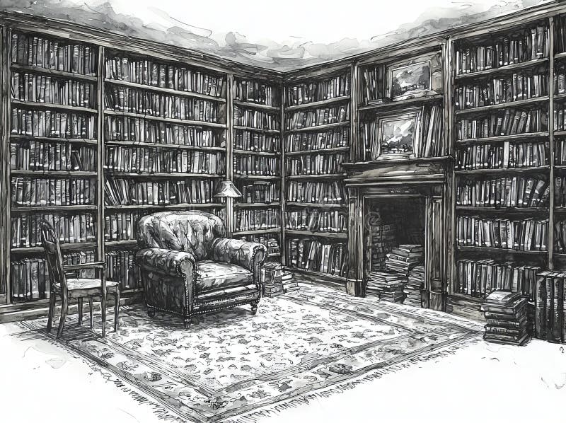 The Interior Sketch is Represented in Black and White by the Library ...