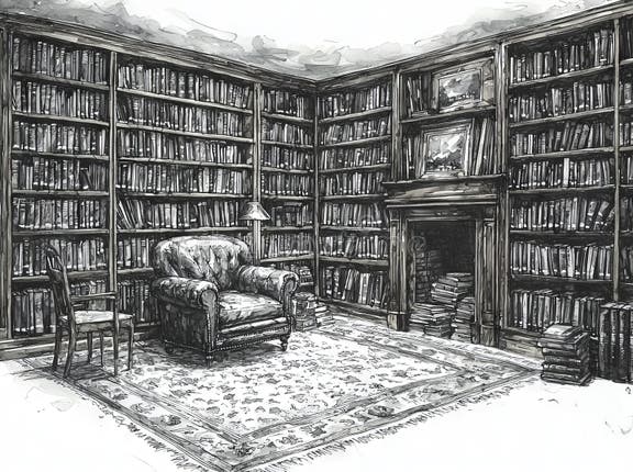 The Interior Sketch is Represented in Black and White by the Library ...