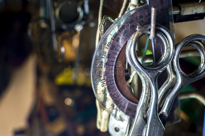 The Interior of a Small Artisan Workshop. Vintage Scissors, Protractor ...