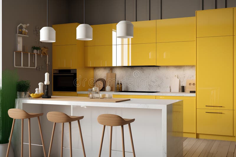 Interior of Small Kitchen in Bright Yellow Color Stock Illustration ...