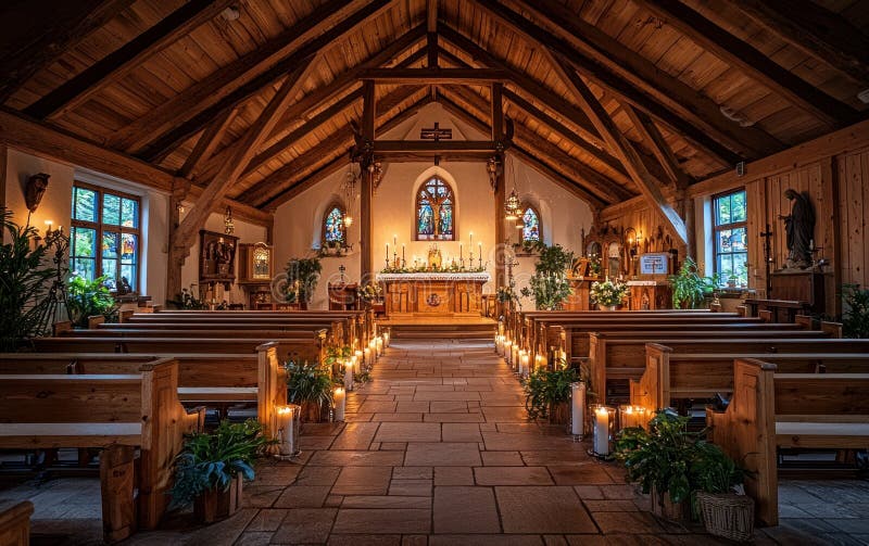 Interior of a Small Wooden Chapel Lit by Cles Stock Illustration ...