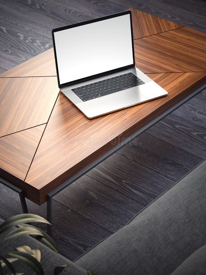 Interior with Sofa, Coffe Table and Laptop. 3d Rendering Stock Photo ...