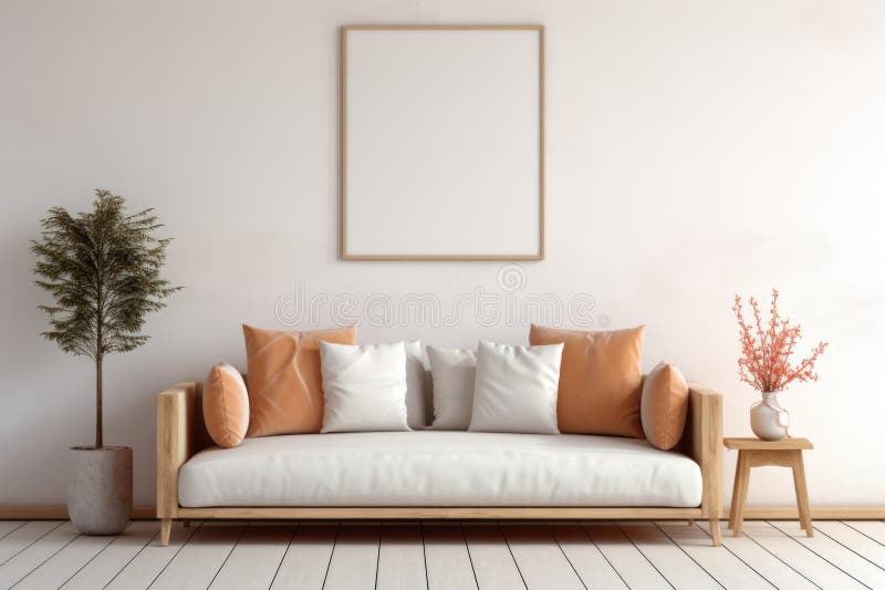 Interior with Sofa , Concept Color of the Year 2024 Peach Fuzz. AI ...