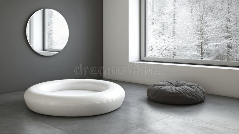 The Interior Space is Beige and Includes a Staircase, a Reflective ...