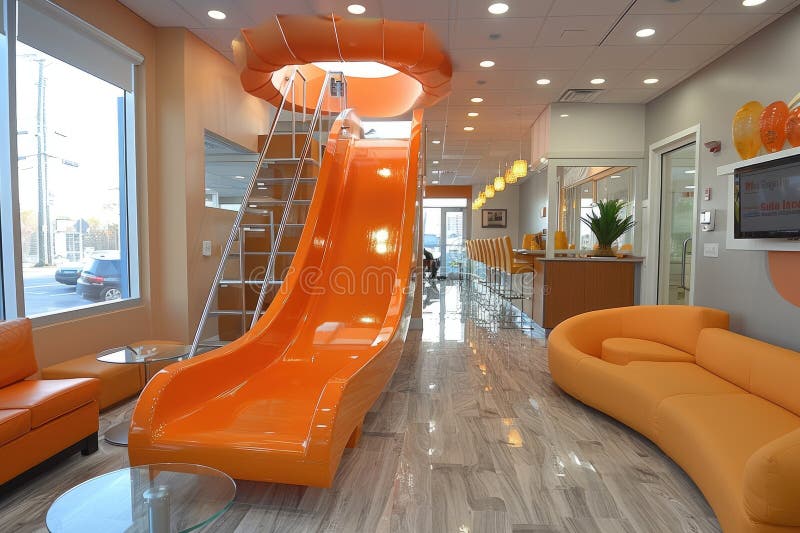 Orange Indoor Slide in Modern Office Lobby Stock Illustration ...