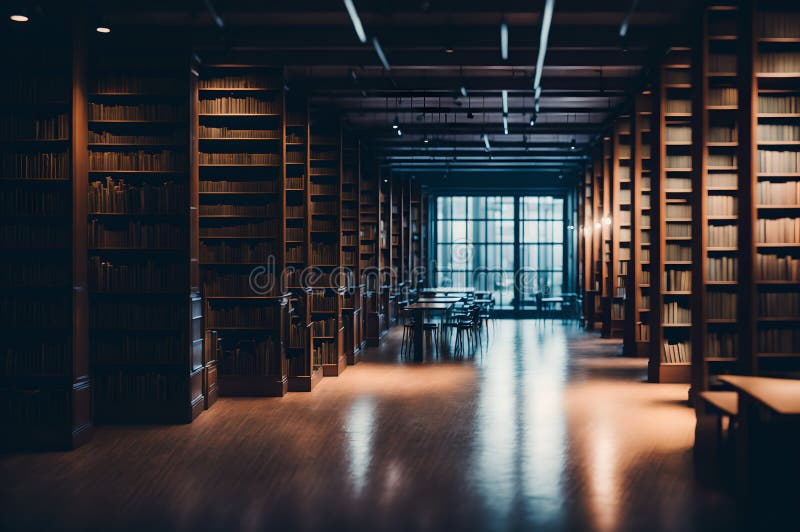 The Interior Space of a Large Library Under Blue Lights Stock ...