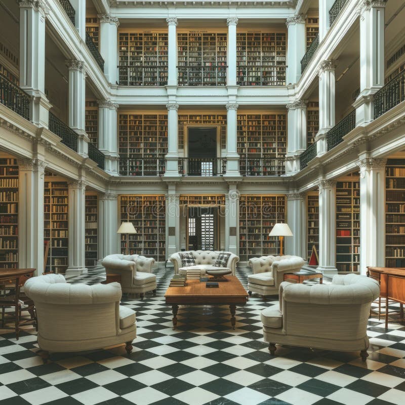 The Interior Space of a Library Featuring a Stylish Checkered Floor ...