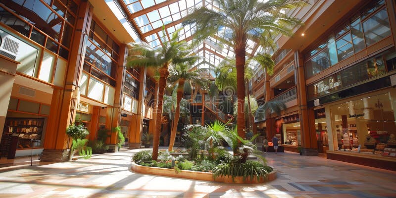 The Interior Space of an Open Mall with Covered Palm Trees and Lush ...