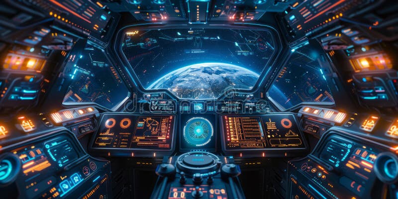 The Interior of a Space Station with a Panoramic View of Earth through ...