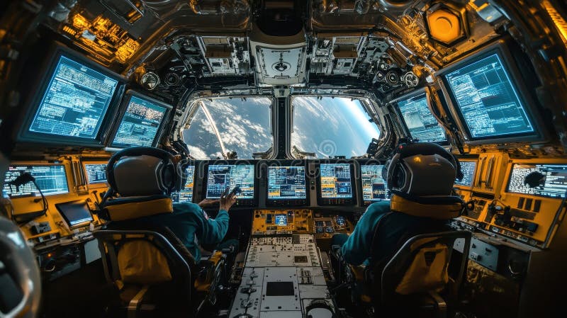 Interior of a Spacecraft Cockpit with Astronauts Monitoring Systems and ...