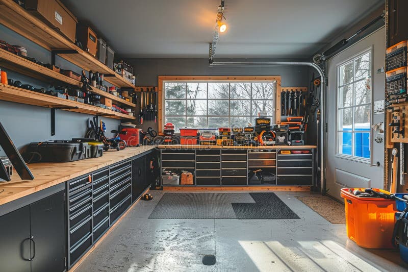 Interior of Spacious, Bright and Clean Garage Workshop for DIY Works ...