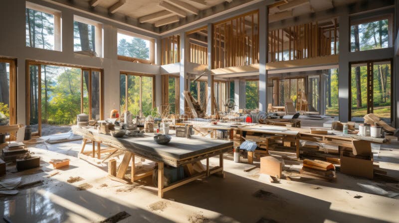 Interior of Spacious Building Construction of Frame House Under Construction Stock Illustration ...